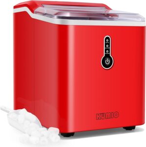 kumio ice makers countertop, 26.5 lbs/24h, 9 bullet ice ready in 6-9 mins with ice scoop and basket, compact portable ice maker for home office camping party rv, red