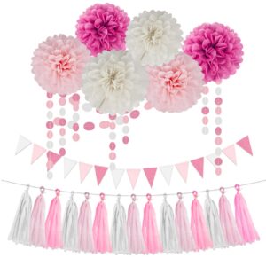 hot pink white party decorations - 23pcs tissue paper flower pom poms tassel garland pennant banner flags streamers women girl birthday baby bridal shower engagement bachelorette wedding hanging decor