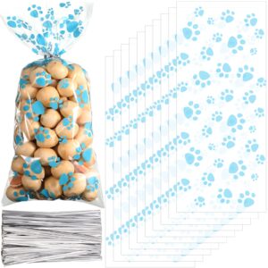 200 pieces pet paw print cellophane bags dog party favor bags heat sealable treat bags dog paw gift bags cat candy bags with 200 pieces silver twist ties for pet treat party favor (blue)