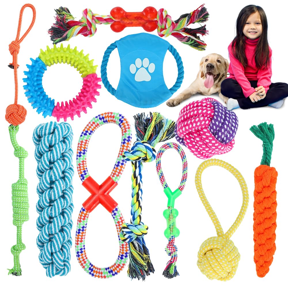 Dog Toys for Aggressive Chewers Keep Your Pet Busy Indestructible Tough Dog Toys with 12 Pieces Interactive Dog Rope Toys for Playing Teething Chew Toys for Boredom