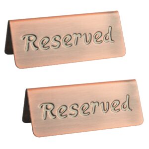 2 pack small reserved table signs for restaurants,dinner parties,banquets,events,stainless steel table tent place signs,10 year’s use,etched design,double sided view,4.7x1.9 in,(vintage red)