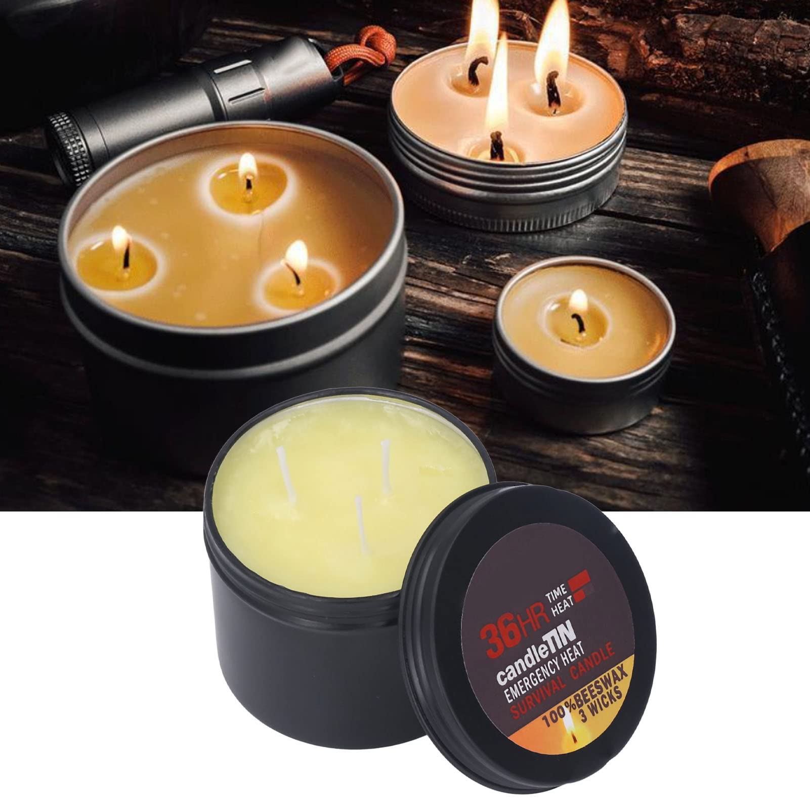 Luqeeg 3 Wick 36 Hour Emergency Candle, Long Burning Beeswax Tea Light in Flat Tin Container with Screwtop Cover, Emergency Gear for Home, Camping, Outdoor, Sports Events, Fishing