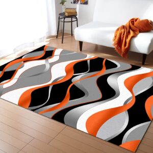 abstract orange gray modern wavy line area rug, gradient grey geometry black stripes home decor rug, easy clean carpet for living room bedroom kitchen dining room home office floor rug 3ftx2ft