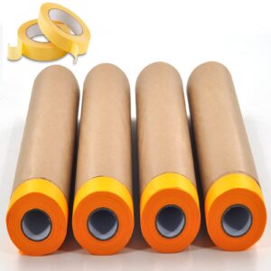 pre-taped paint masking paper and masking tape sets,4 rolls 22inch-50feet painters paper and 2 rolls painters tape, automotive paint paper, tape and drape waterproof for painting protection covering