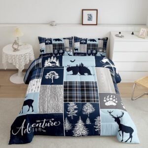 hunting bear deer quilt,christmas buffalo plaid comforter set twin size rustic cabin patchwork bedding set for kids boys teens adult,farmhouse cowboy woodland down comforter,1 pillow case,blue grey