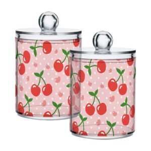 vnurnrn clear plastic jar set for cotton ball, cotton swab, cotton round pads, floss, cute heart fruit cherry pattern bathroom canisters storage organizer, vanity makeup organizer,2pack