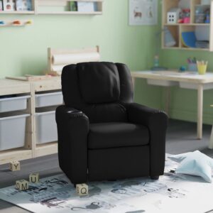 hbcy creations kid's recliner - black faux leather upholstery - integrated cupholder - padded headrest - safety recline feature