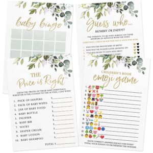 printed party baby shower games for boy or girl – 4 games and activities, botanical greenery theme, 30 guests