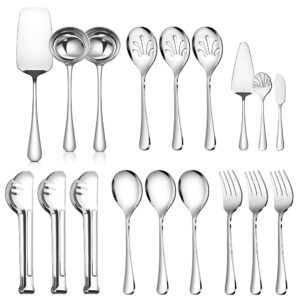 teivio 18pcs silver stainless steel large serving utensils set,include serving spoons/forks/tongs,slotted spoons,soup ladles,butter knife,sugar spoon,cake server,lasagna server,for buffet/chafing dish