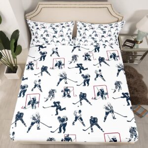 ice hockey bed sheet set full kids sports event bedding set hockey player fitted sheet for boys bedroom decor soft winter sports hockey puck bed cover,full 1 fitted sheet+2 pillowcases（no flat sheet）