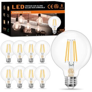 dekang 8-pack g25 led globe light bulbs 3000k soft white, vintage e26 base edison light bulbs 60w equivalent, 6w round light bulbs with filament for bathroom vanity, clear glass, 600lm, non-dimmable