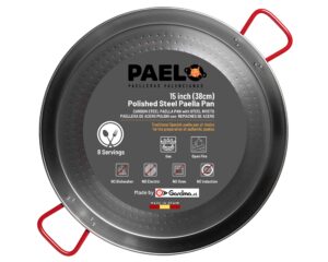 paelo polished steel paella pan, 15 inch (38cm) carbon steel pan, large professional grade paellera imported from spain for 8 servings of paella rice, made by garcima