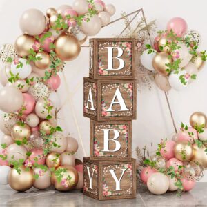 floral baby shower box birthday party decoration balloon blocks first birthday centerpiece decor for girls wood grain base gender reveal party supplies (floral-box-01)…