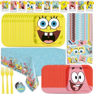 unique spongebob birthday decorations | spongebob party decorations | spongebob party supplies | serves 16 guests | with banner, spongebob tablecloth, dinner & cake plates, napkins, forks, button