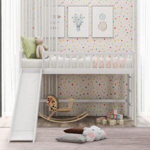 harper & bright designs low loft bed with slide kids loft bed twin, wood twin size loft bed for kids, girls,boys,no box spring needed, white