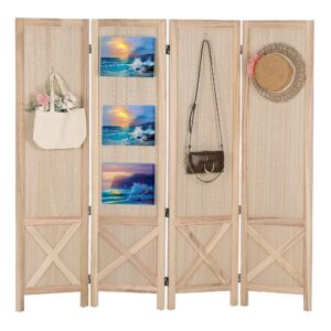 wnutrees 4 panel pegboard display, 5 ft wood folding privacy screens room divider, portable freestanding display board for craft/art shows, retail, events, wall organizer, rustic barnwood, natural