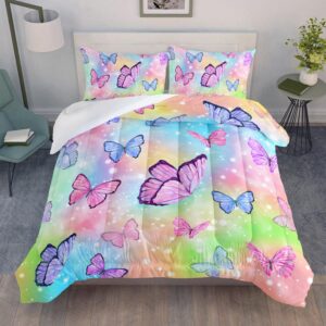 datura home bedding comforter set rainbow watercolor butterfly printed pattern quilt with 1 and 2 pillowcases for girls bedroom all season(butterfly full) full 80x90inches