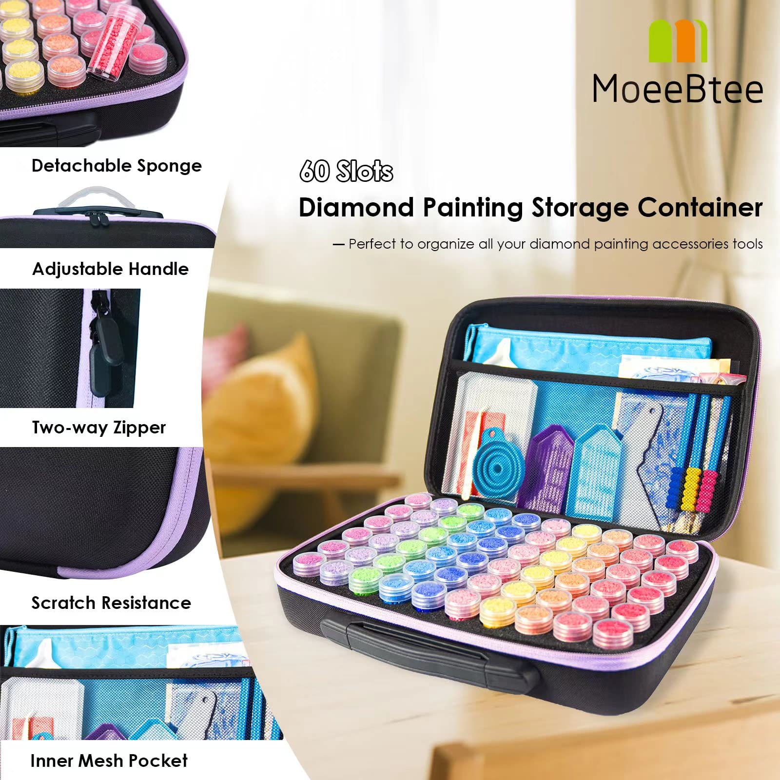 MoeeBtee Diamond Painting Storage Containers, 60 Slots Diamond Painting Accessories and Tools Portable Diamond Painting Organizer, Diamond Art Storage Case Jewelry Beads Storage Box - Purple