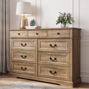 linsy home dresser for bedroom, 9 drawer long dresser with antique handles, wood chest of drawers for living room, entryway and hallway, rustic brown