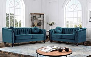 us pride furniture modern mid-century modern velvet sofa chesterfield inspired luxury 2 piece set for living room with removable cushions and turned wood legs, loveseat, couch, blue green