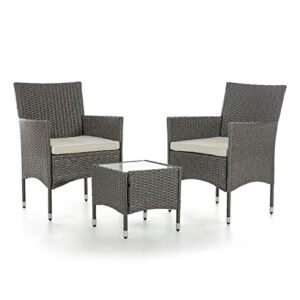 muse & lounge co. mobler 3-piece outdoor wicker conversation bistro set, space saving patio furniture for garden, poolside, yard, gray