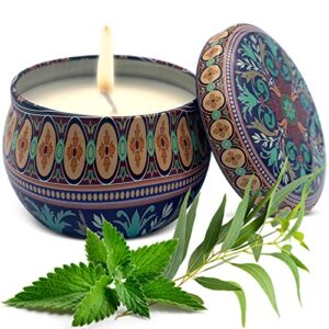 soy wax candle in perfect decorative giftable metal tin - peppermint-eucalyptus natural oil and pure organic soy wax - for living room, home, bedroom - handmade in usa