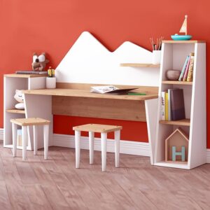 lawa furniture kid's study desk with bookshelf + 2 stools for ages 3-8, wooden children activity table with hutch and shelves, kids bedroom study desk with storage