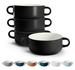 kook soup crocks, ceramic bowls, broil, oven, microwave and dishwasher safe, with handles, for casserole, pasta, cereal, 18 oz, set of 4 (black)