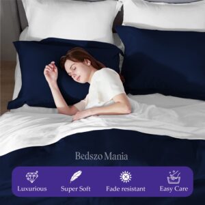 Bedszo Mania Navy Blue Duvet Cover Full/Queen 3 PCs 600 TC Egyptian Cotton Comfy Soft Quilt Cover Breathable & Six Corner Ties (3 PCs Duvet Cover Set in 90"x90" Inch 2 Pillow Shams in Size 20"X30")