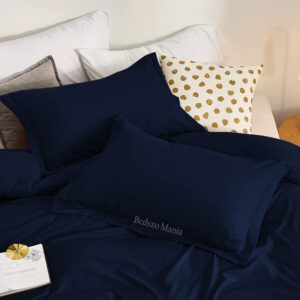 Bedszo Mania Navy Blue Duvet Cover Full/Queen 3 PCs 600 TC Egyptian Cotton Comfy Soft Quilt Cover Breathable & Six Corner Ties (3 PCs Duvet Cover Set in 90"x90" Inch 2 Pillow Shams in Size 20"X30")