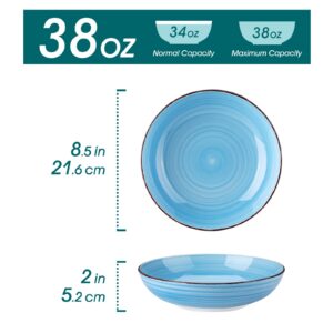 vancasso Bonita Pasta Bowls Set of 6, 38 oz Shallow Bowls, Ceramic Pasta Plates and Salad Bowls, Microwave & Dishwasher Safe Serving Bowls, Blue