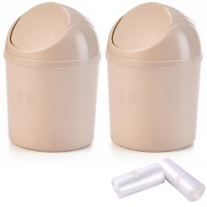 sheebo 2pcs mini trash can with swing lid wastebasket value packs with 100 counts mini trash bags for bathroom vanity, desktop, tabletop or coffee table - 2 liter (round cone - 2 beige)