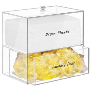 dryer sheet holder, dispenser, acrylic dryer sheet container box for laundry room organization, storage dryer and fabric sheet, dryer balls, clothes pins, laundry pods