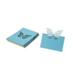 wdonay 50 pcs wedding place cards invitations with crease butterfly flower folding table name seat card with crease for tables number, name, birthday party, banquets, dinner (blue) 2.36" x 3.54"