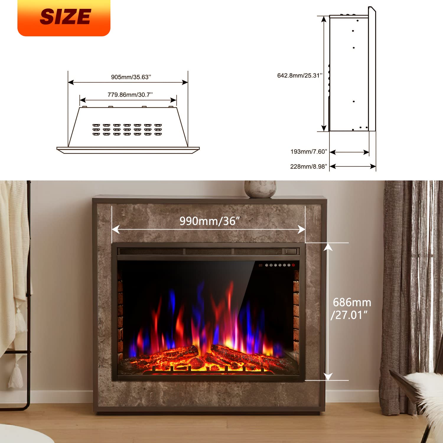 XBeauty 36 Inch Fireplace Inserts Electric Heater with Touch Screen,5 Flame Color & Timer Control,750W-1500W and Remote Control.