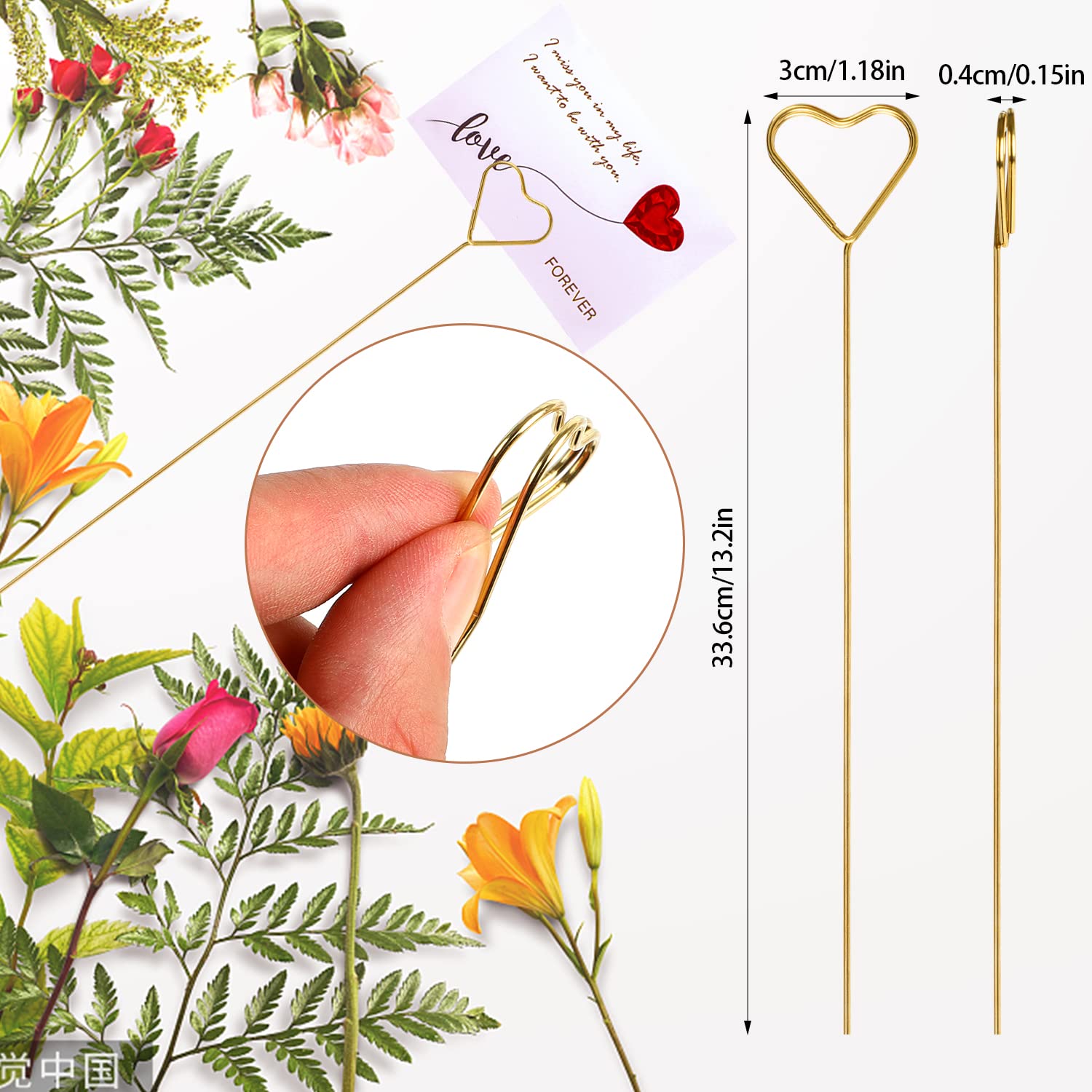 CCINEE 30Pcs Metal Wire Floral Place Card Holder Pick 13In Heart Golden Floral Picks Photo Memo Car Holder for Wedding Birthday Party Supply