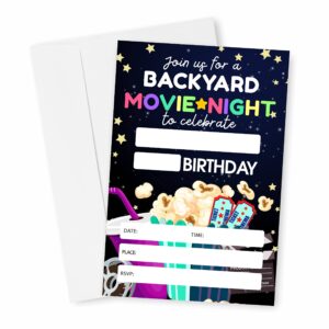 backyard movie night birthday invitations, outdoor movie birthday party invites decorations, kids adults birthday party and events supplies, 20 fill-in invites cards with matching envelopes（yqk-027）