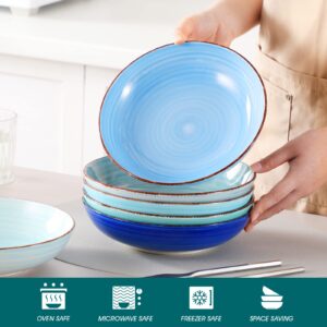 vancasso Bonita Pasta Bowls Set of 6, 38 oz Shallow Bowls, Ceramic Pasta Plates and Salad Bowls, Microwave & Dishwasher Safe Serving Bowls, Blue