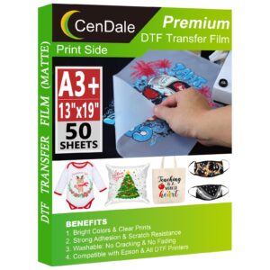 cendale premium dtf transfer film 13"x19" - a3 plus 50 sheets double-sided matte clear pretreat sheets pet heat transfer paper for diy direct print on all fabric and colors t-shirts textile