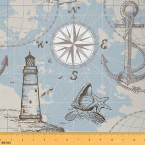 feelyou compass fabric by the yard, nautical ocean anchor lighthouse theme upholstery fabric for chairs sofa couch, vintage seashells outdoor fabric waterproof, 1 yard