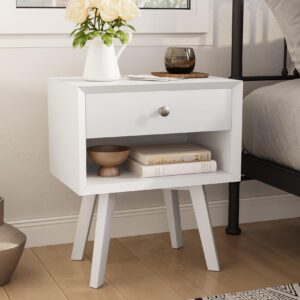 algherohein 24" h white nightstand with 1 drawer, wood night stand for bedroom, bedside table with open shelf, 2-tier small end table