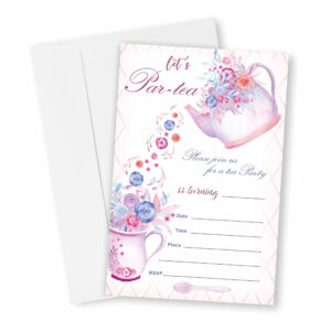 tea party birthday invitations, par-tea birthday party invites decorations, kids adults birthday party and events supplies, 20 fill-in invites cards with matching envelopes（yqk-038）