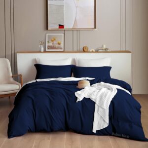 bedszo mania navy blue duvet cover full/queen 3 pcs 600 tc egyptian cotton comfy soft quilt cover breathable & six corner ties (3 pcs duvet cover set in 90"x90" inch 2 pillow shams in size 20"x30")