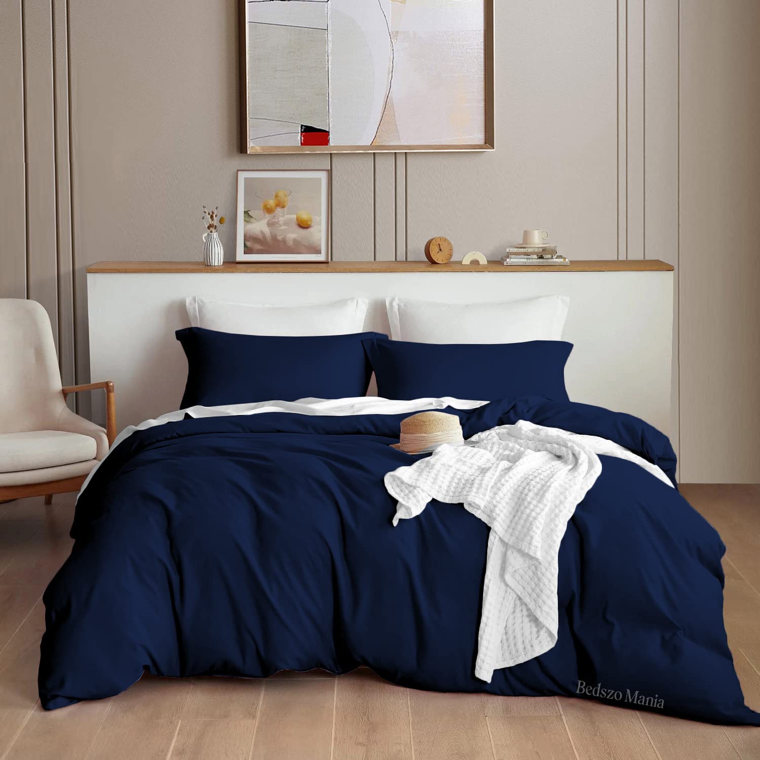 Bedszo Mania Navy Blue Duvet Cover Full/Queen 3 PCs 600 TC Egyptian Cotton Comfy Soft Quilt Cover Breathable & Six Corner Ties (3 PCs Duvet Cover Set in 90"x90" Inch 2 Pillow Shams in Size 20"X30")