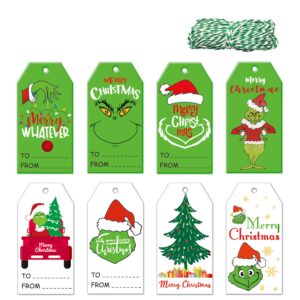 doumeny 120pcs christmas gift paper tags merry christmas tags present xmas green monster name tags christmas tree holiday tags funny gnome hanging labels with 65 feet twine for crafts gift wrap decor