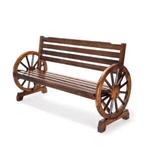 vingli outdoor rustic wooden bench with wagon wheel arms, 3 people outdoor bench garden bench front porch furniture patio lawn yard park, indoor and ourdoor decor