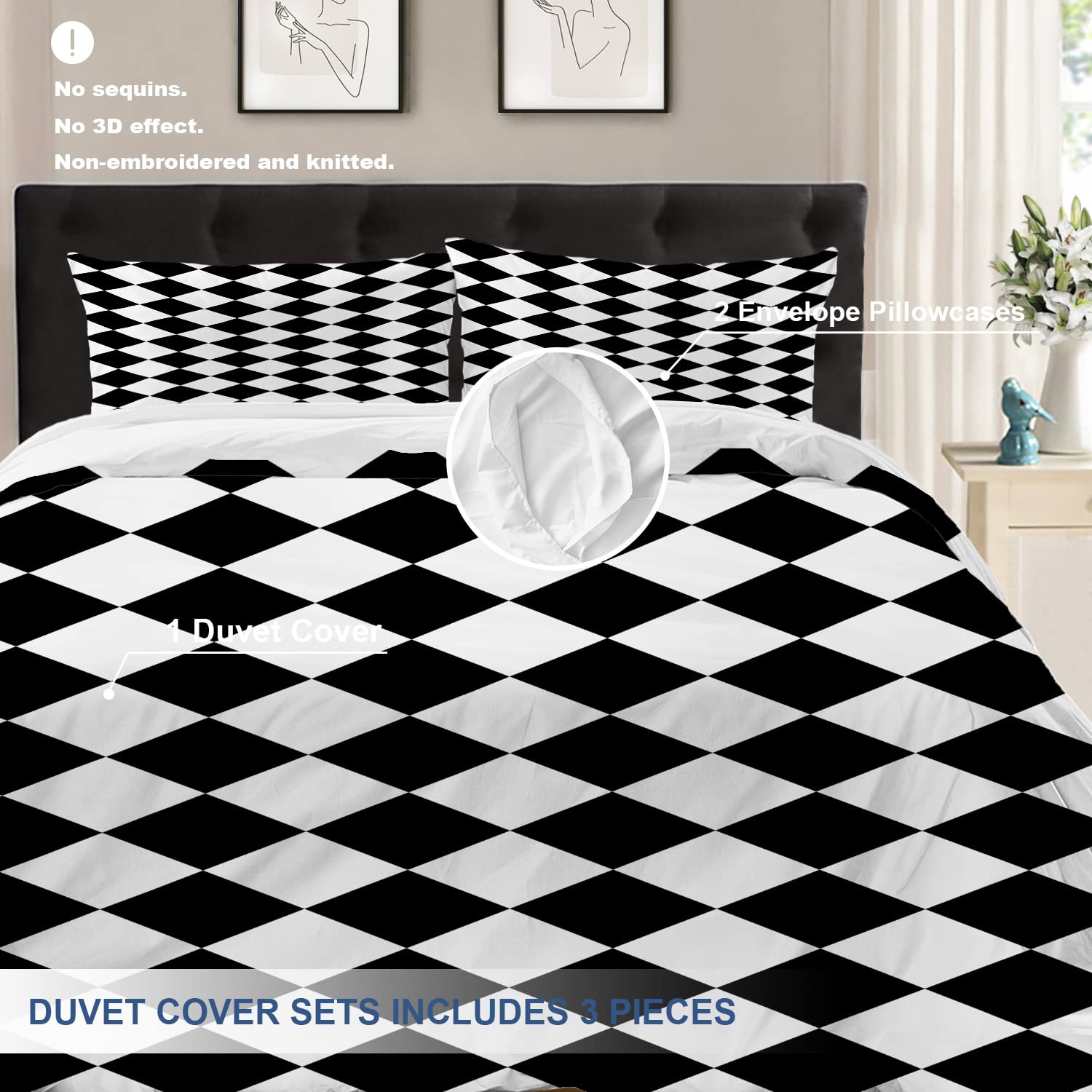 Batmerry Black White Diamond Queen Size 3 Pieces Bedding Comforter Cover Sets,Soft Fluffy Abstract Black and White Harlequin Pattern Printed Duvet Cover for All Season