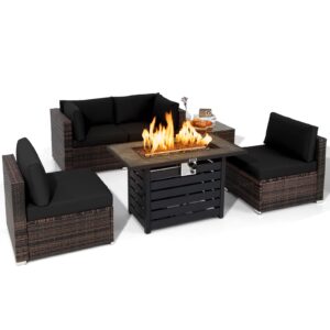 tangkula 6-piece patio furniture set with 42 inches propane fire pit table, outdoor wicker conversation set with cushions and tempered glass coffee table, 50,000 btu gas fire pit table (black)