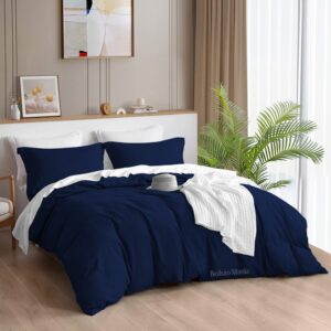 Bedszo Mania Navy Blue Duvet Cover Full/Queen 3 PCs 600 TC Egyptian Cotton Comfy Soft Quilt Cover Breathable & Six Corner Ties (3 PCs Duvet Cover Set in 90"x90" Inch 2 Pillow Shams in Size 20"X30")