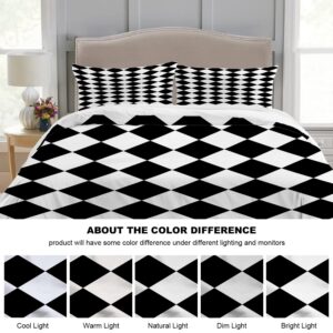 Batmerry Black White Diamond Queen Size 3 Pieces Bedding Comforter Cover Sets,Soft Fluffy Abstract Black and White Harlequin Pattern Printed Duvet Cover for All Season